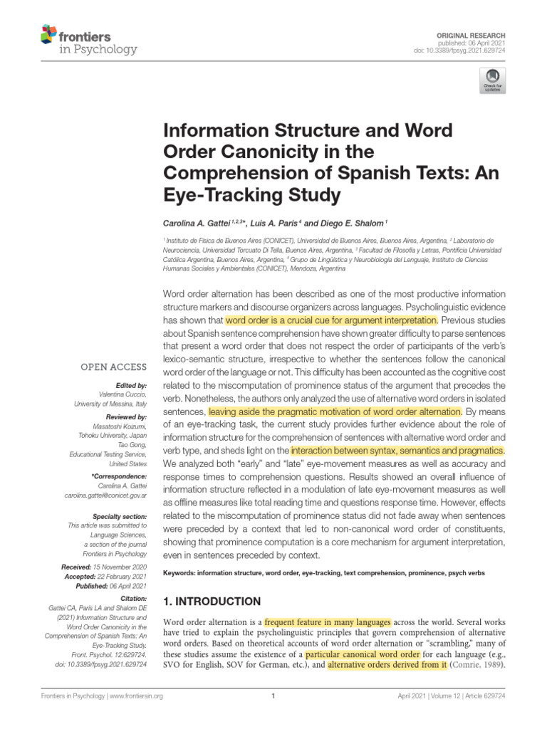 Spanish - Eye Tracking - Reading - Information Structure | PDF ...