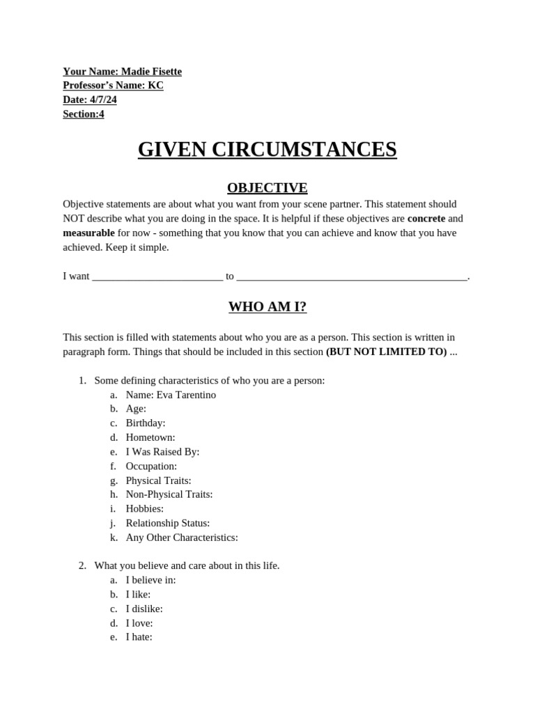 Given Circumstances - Acting 2 Final (Eva Tarentino) - MBF | PDF