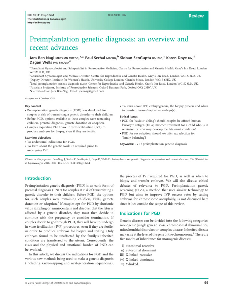 Overview of Preimplantation Genetic Diagnosis | PDF | Genetic Disorder ...