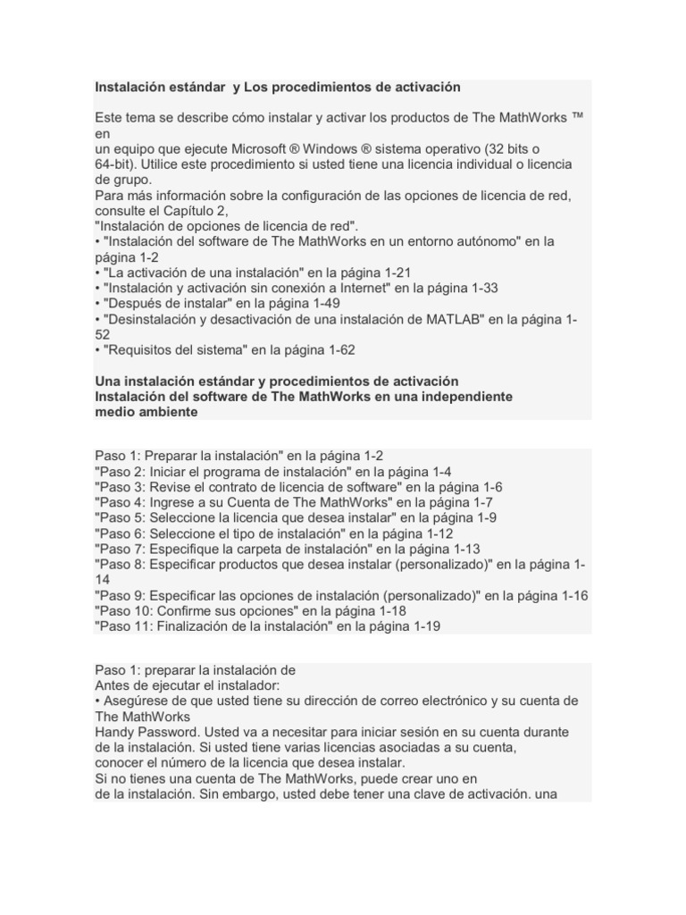 Instalación Estándar y Los Procedimientos de Activación Matlab | PDF | Archivo de computadora ...