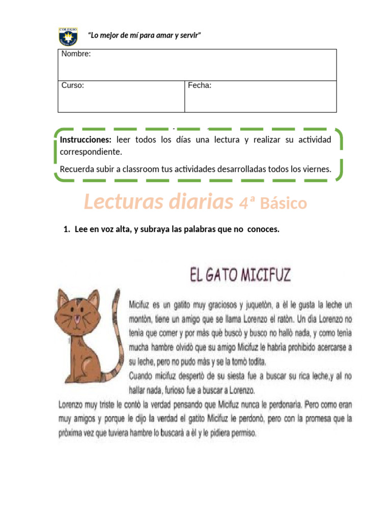 Lecturas Diarias para 4º Básico | PDF