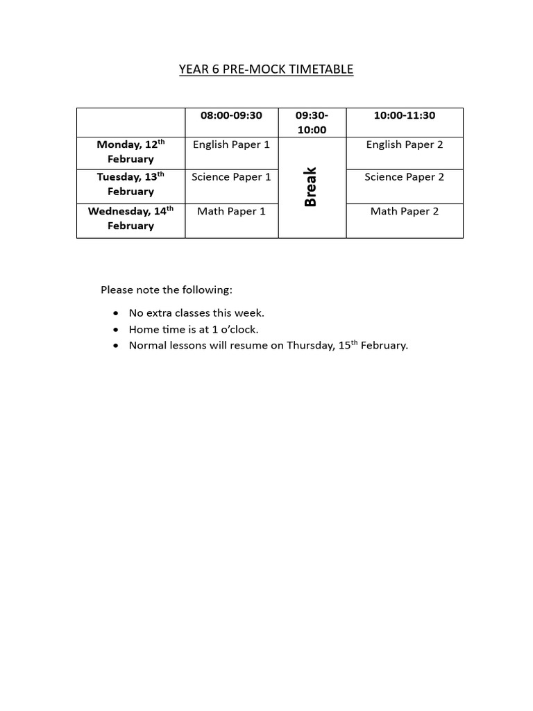 Year 6 Pre-Mock Timetable | PDF