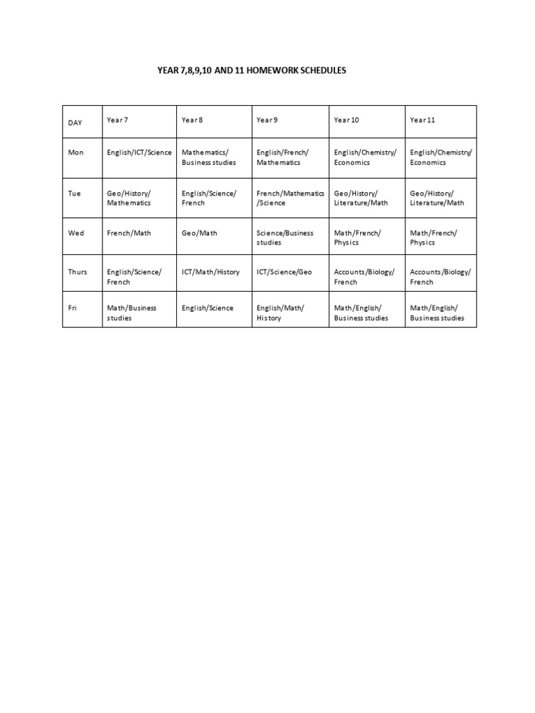 Homework Timetable | PDF
