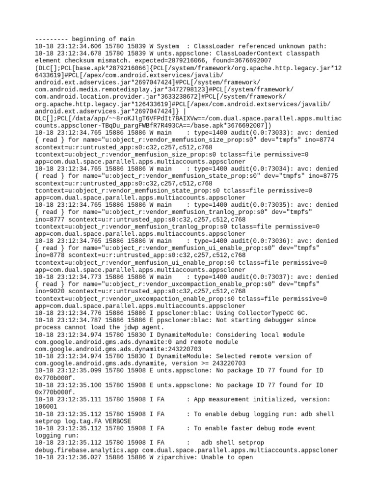Com - Dual.space - Parallel.apps - Multiaccounts.appscloner Logcat | PDF | Android (Operating ...