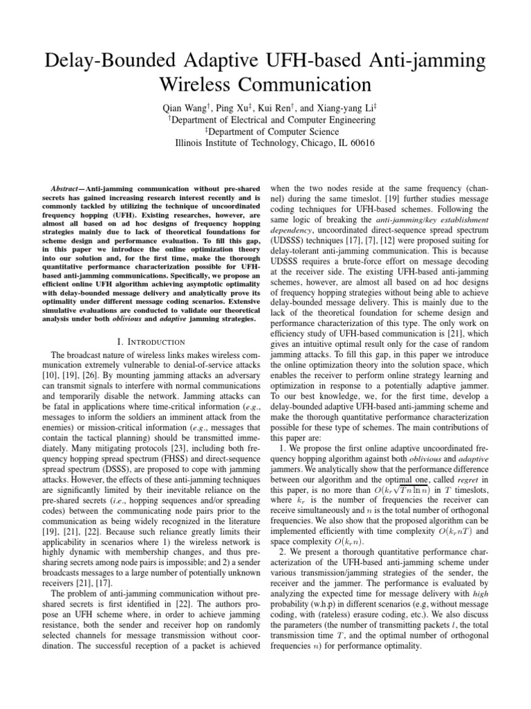 Delay-Bounded Adaptive UFH-based Anti-Jamming Wireless Communication | PDF | Telecommunications ...