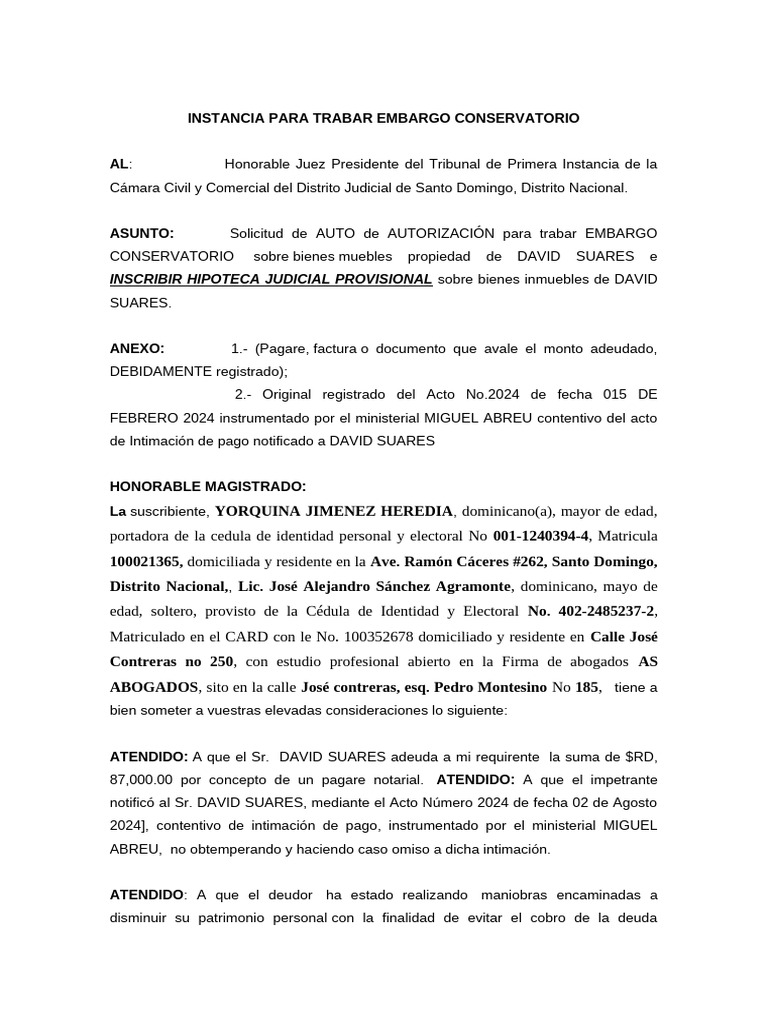 Instancia para Trabar Embargo Conservatorio | PDF | Ley de hipotecas ...