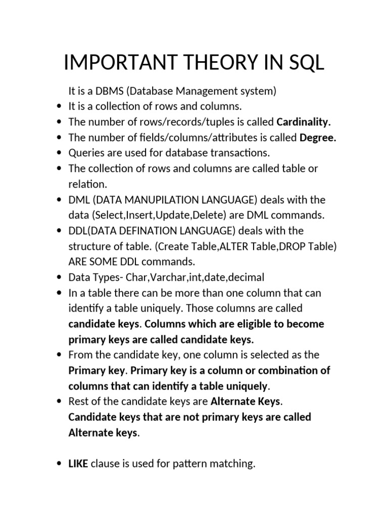 Important Theory in SQL | PDF | Table (Database) | Sql