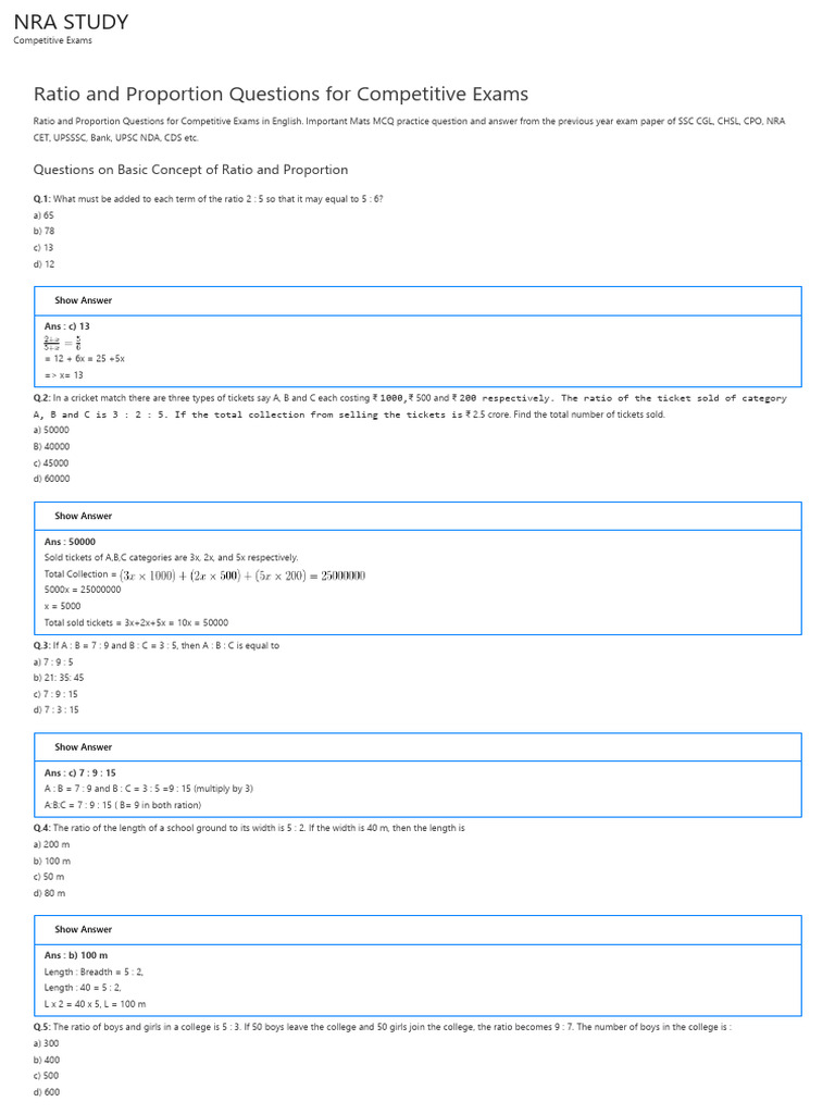 Ratio and Proportion Exam Questions | PDF | Rupee | Ratio
