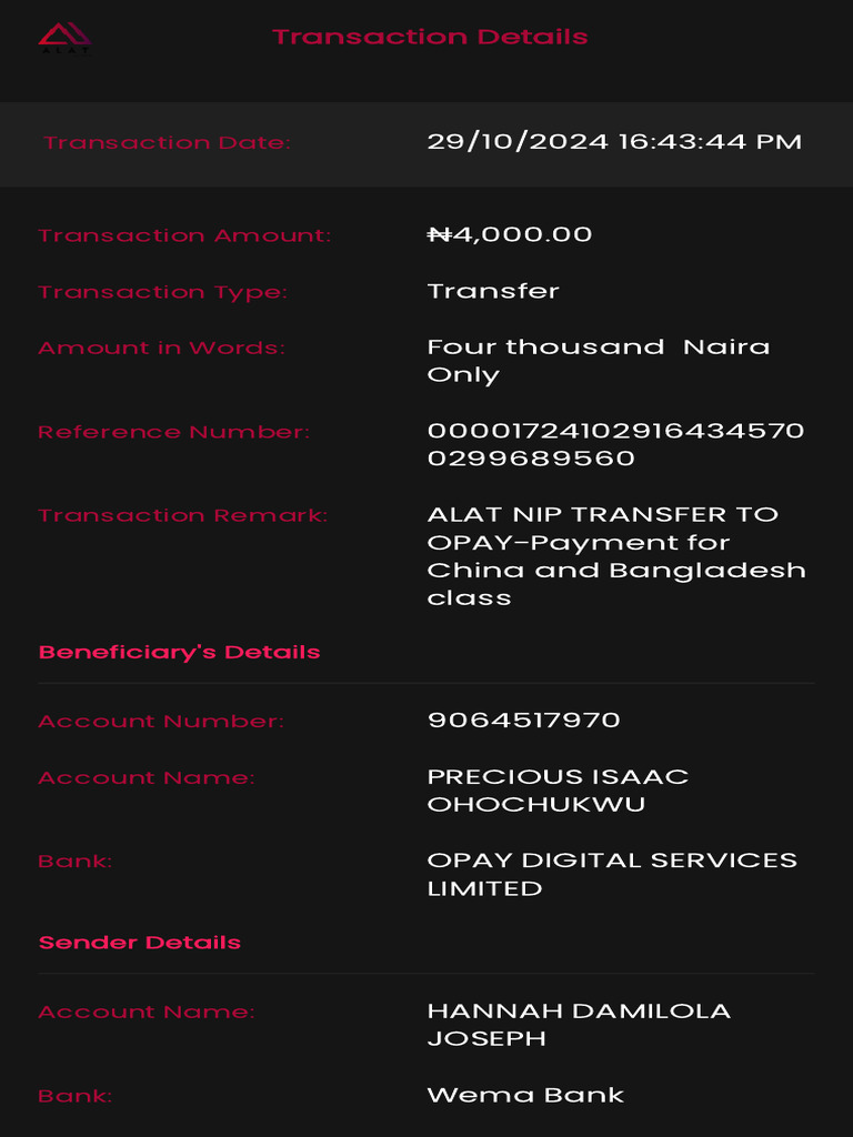ALAT Transfer Receipt - PRECIOUS ISAAC OHOCHUKWU - 9064517970 - 4,000. ...
