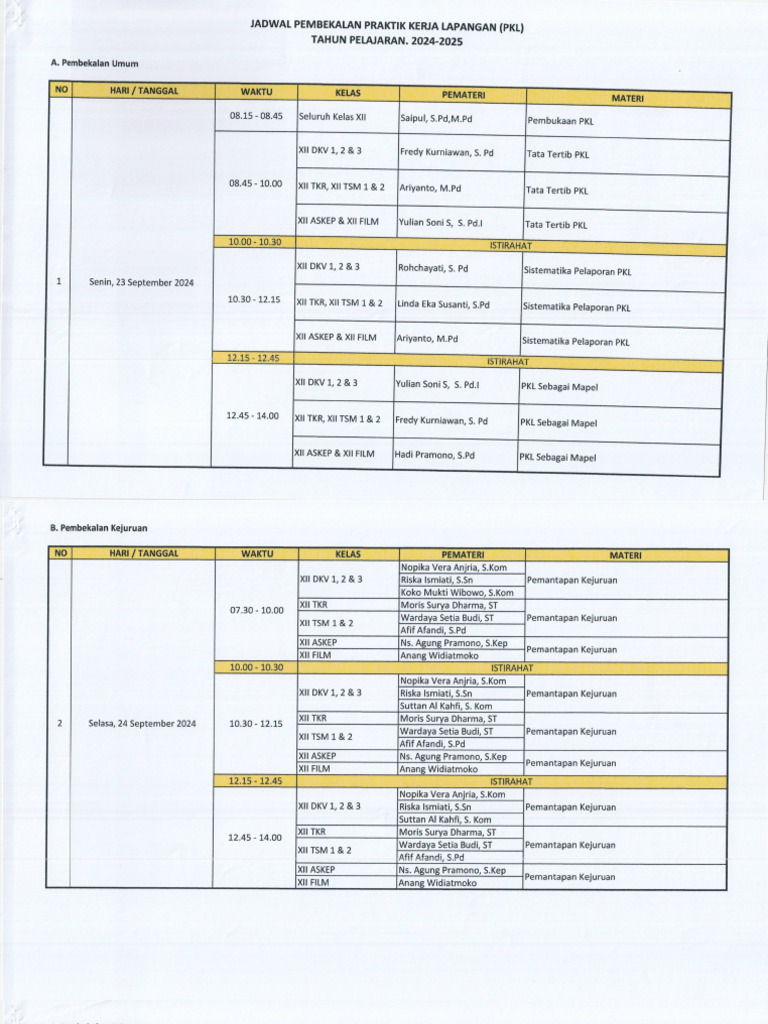 Jadwal Pembekalan Praktik Kerja Lapangan (PKL) Tahun Pelajaran.2024 ...