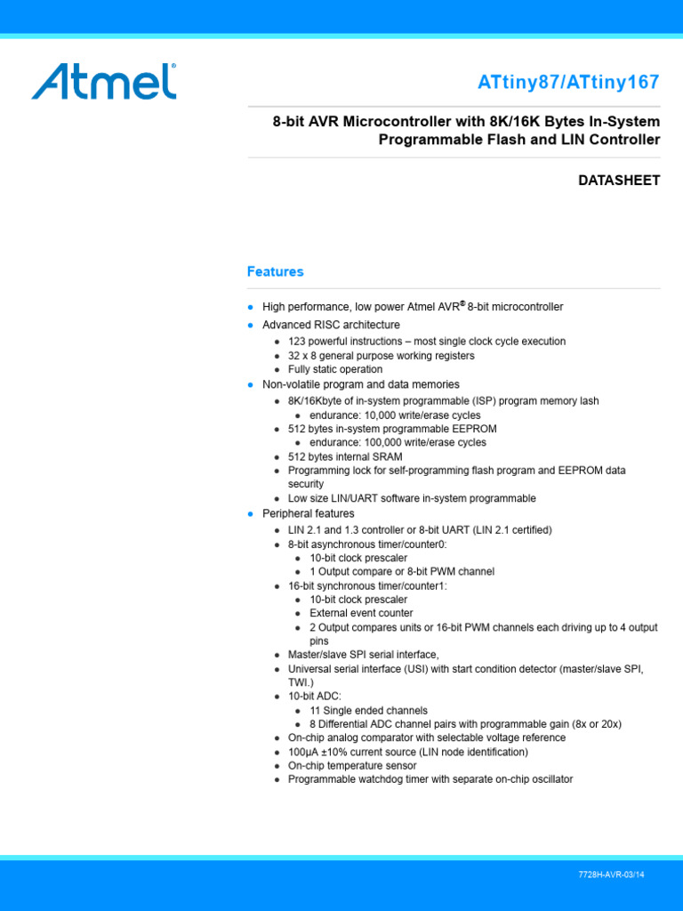 Atmel 7728 Automotive Microcontrollers ATtiny87 ATtiny167 - Datasheet | PDF | Microcontroller ...