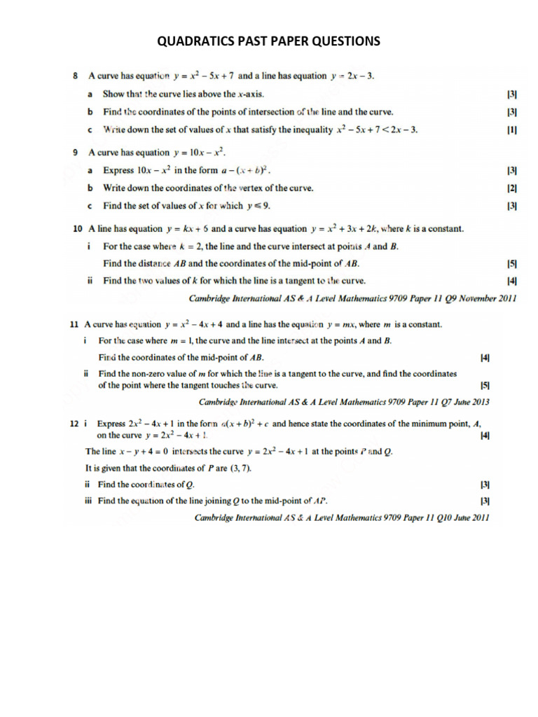 Quadratics Past Paper Questions | PDF
