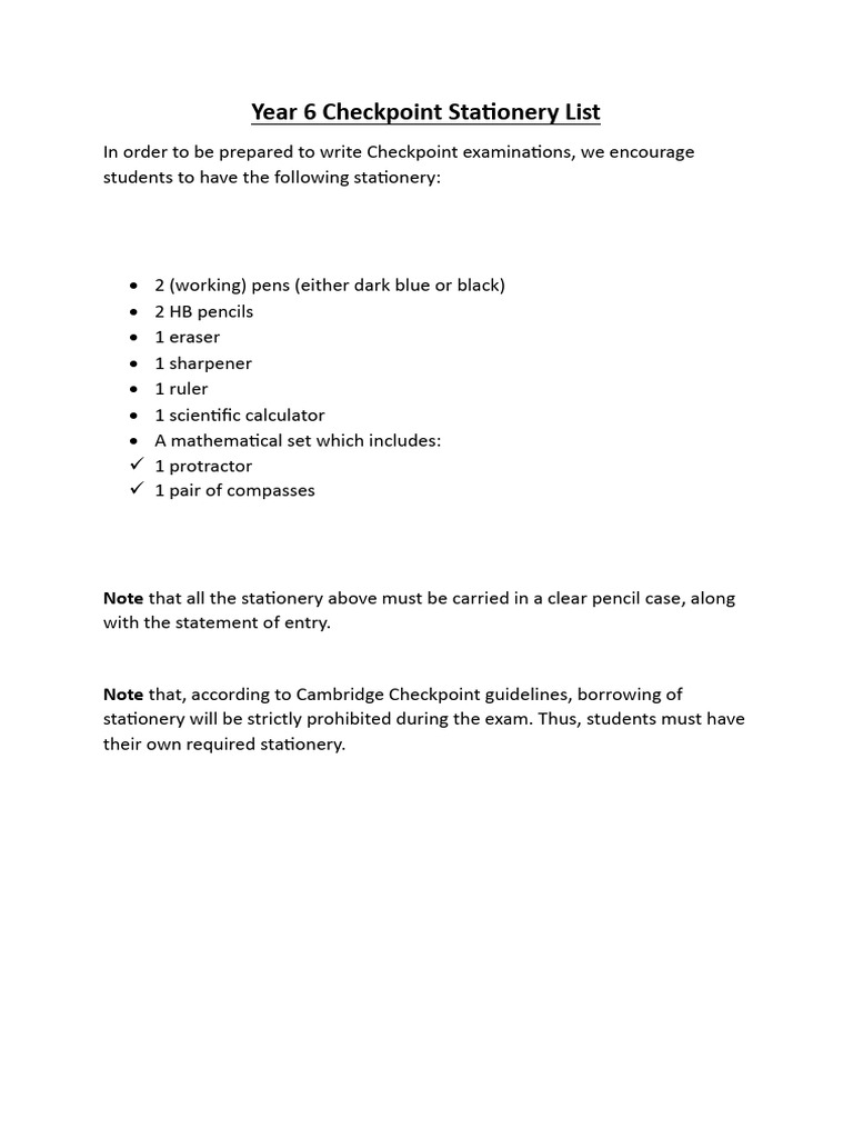 Year 6 Checkpoint Stationery List | PDF