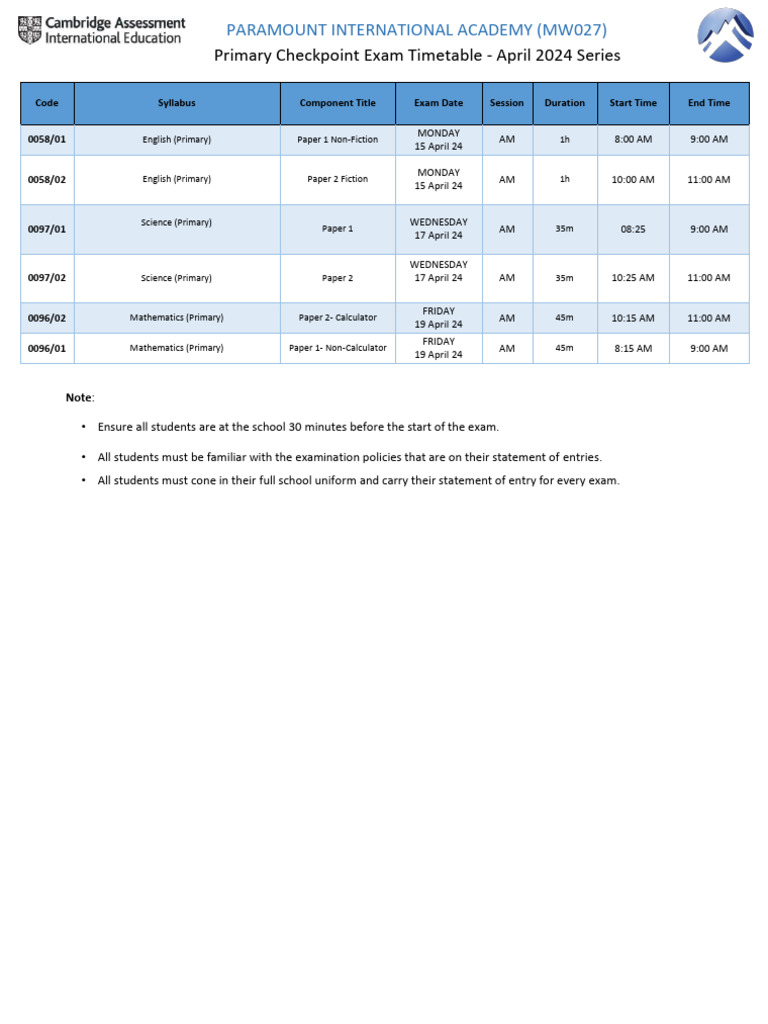 Cambridge Primary Checkpoint Timetable 2024 | PDF