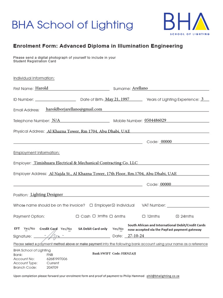 BHA School of Lighting Enrolment Form Advanced Diploma Illumination ...
