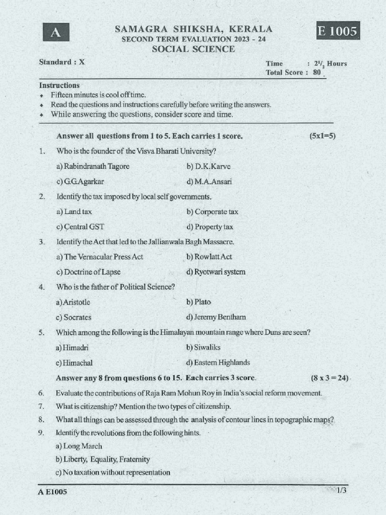 Kerala SSLC Second Term Exam 2023 Dec Question Paper - SOCIAL SCIENCE ...