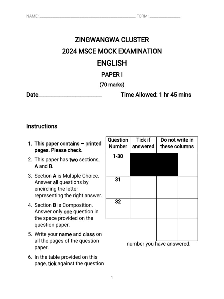 Zingwangwa Cluster English Paper 1 | PDF
