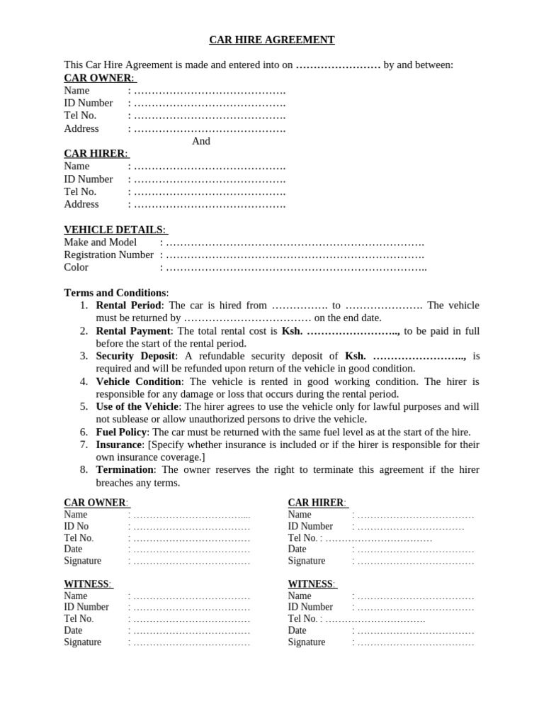 CAR HIRE AGREEMENT | PDF | Car Rental | Lease