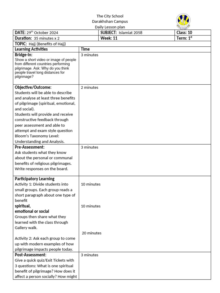 Hajj Benefits Lesson Plan for Class 10 | PDF