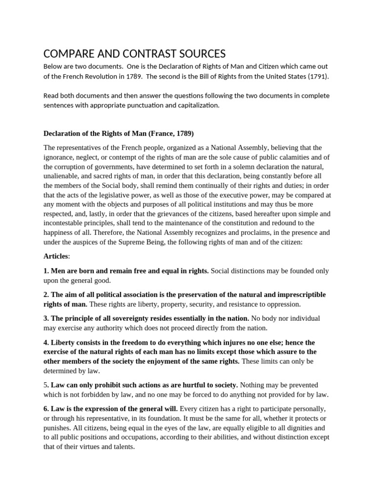 Revolutions - COMPARE AND CONTRAST SOURCES Below Are Two Documents ...