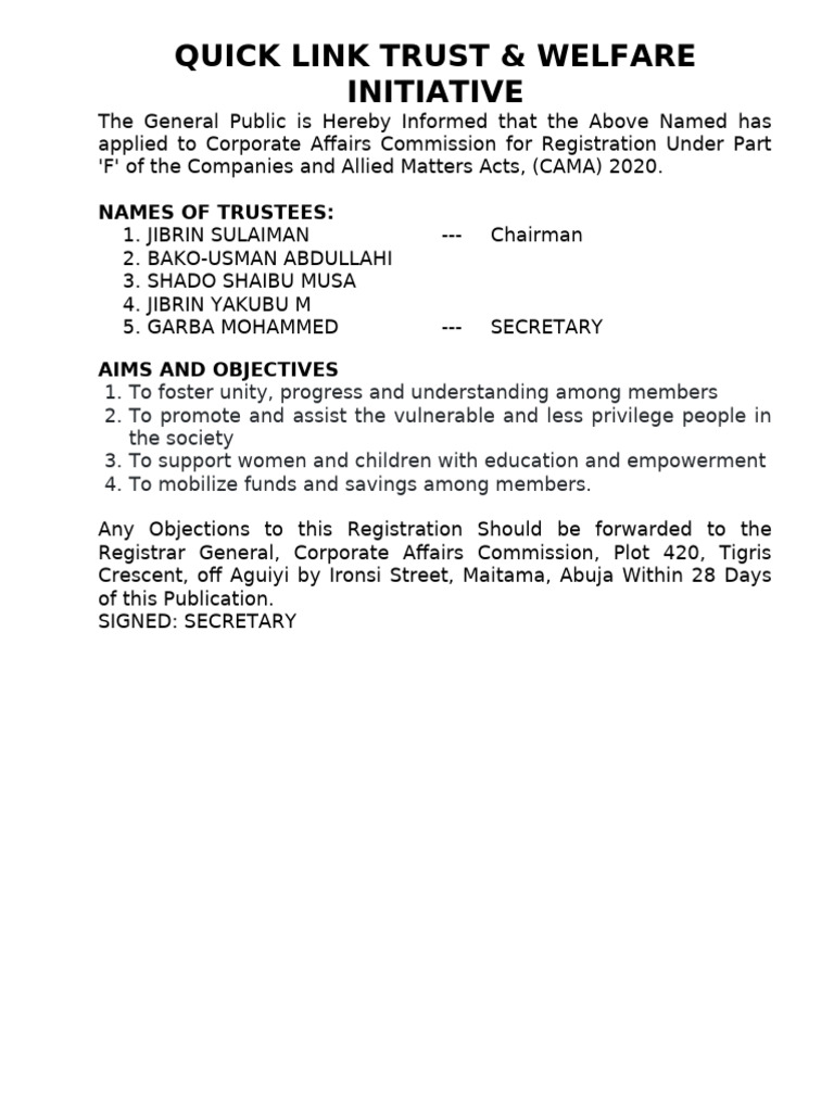 Quick Link Trust Registration Notice | PDF