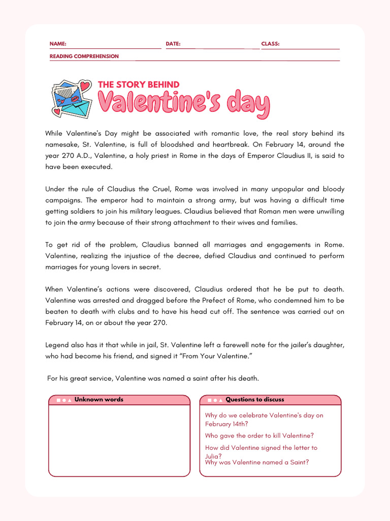 Pink Valentines Day Reading Comprehension Worksheet PDF | PDF