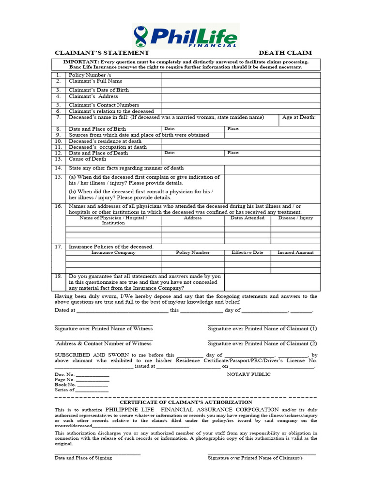 Death Claimant's Statement Form | PDF