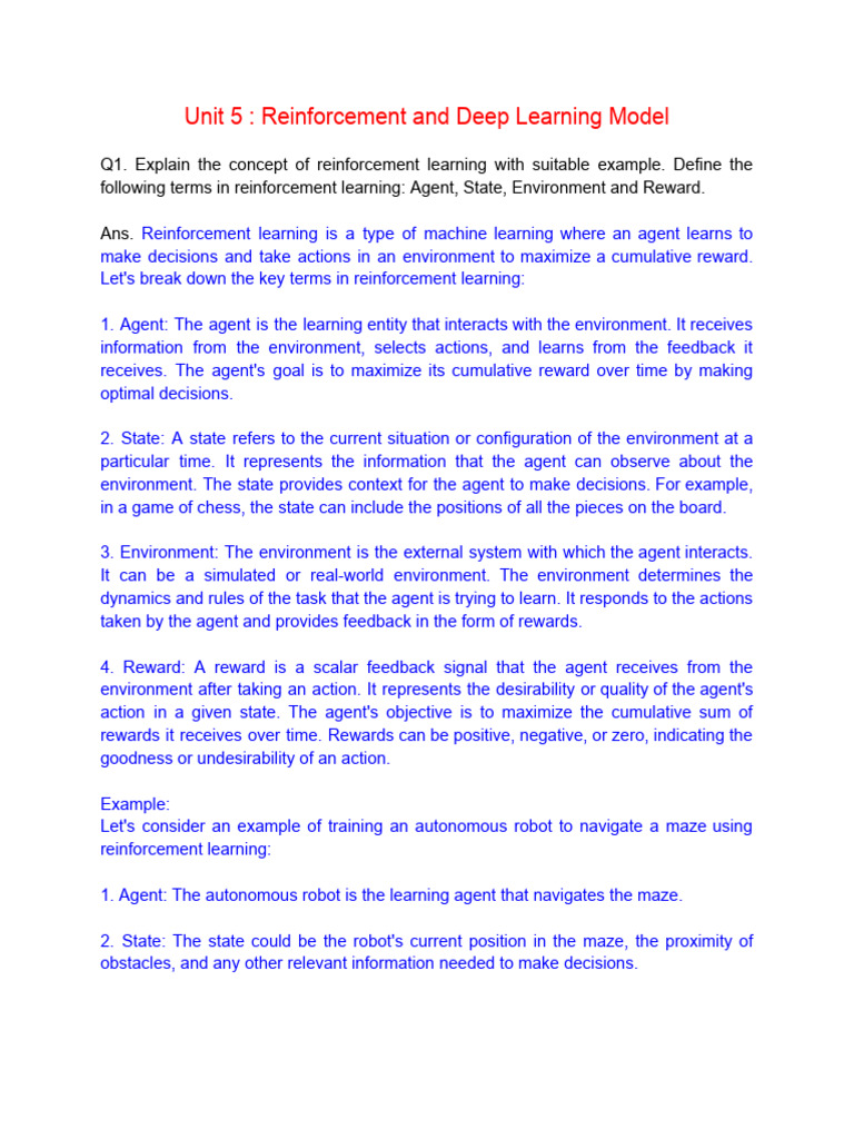 Unit 5 - Reinforcement and Deep Learning Model | PDF | Reinforcement | Applied Mathematics