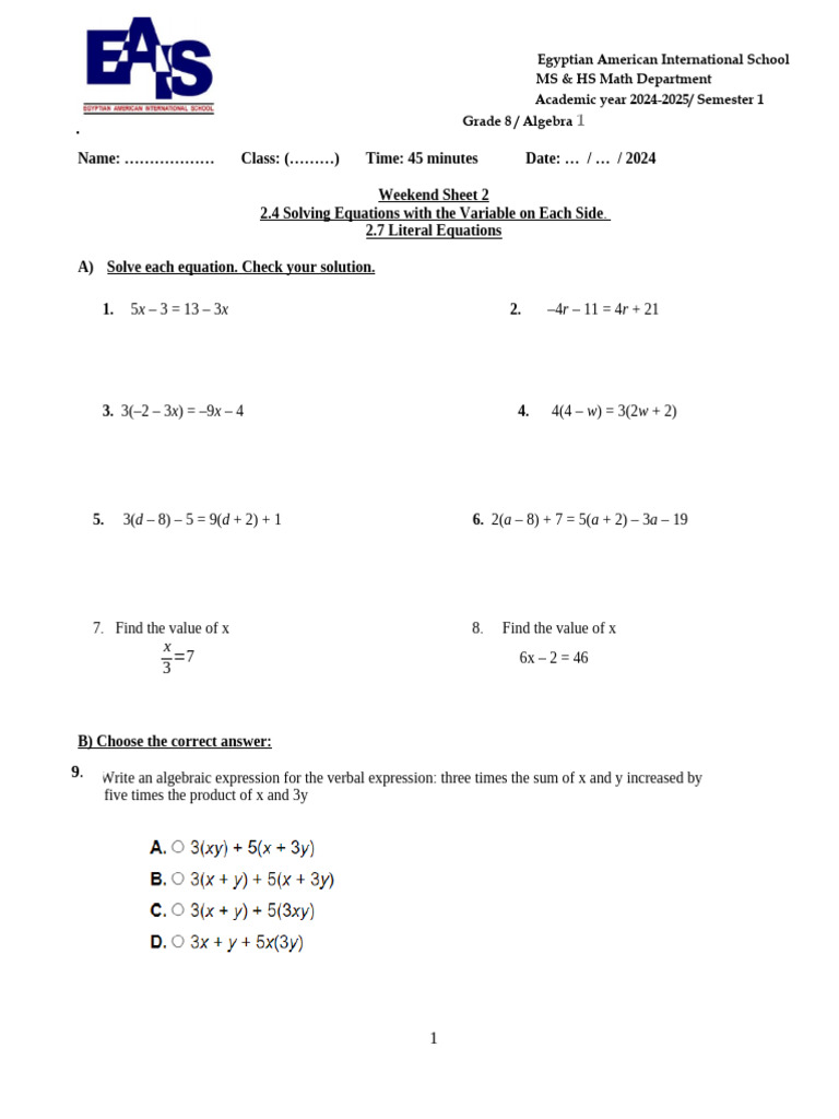 Wk3-Math8-L2.4&2.7-Weekend Sheet 2 | PDF | Equations | Algebra