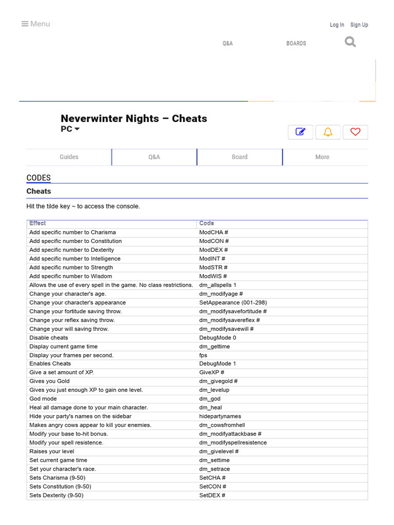 Neverwinter Nights Cheats, Codes, and Secrets For PC - GameFAQs | PDF | Gaming | Video Game Gameplay