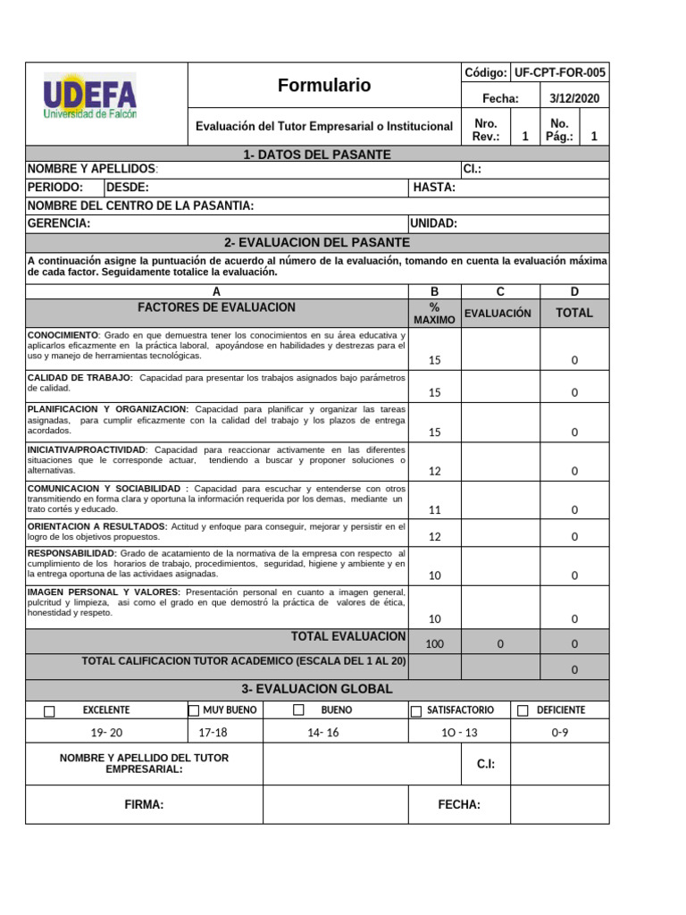 Evaluacion Tutor Empresarial 2020 | PDF | Evaluación
