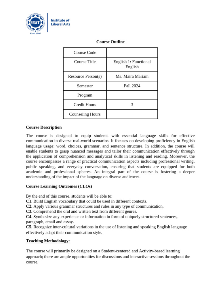 Course Outline English 1 Fall 2024 | PDF | Reading Comprehension ...