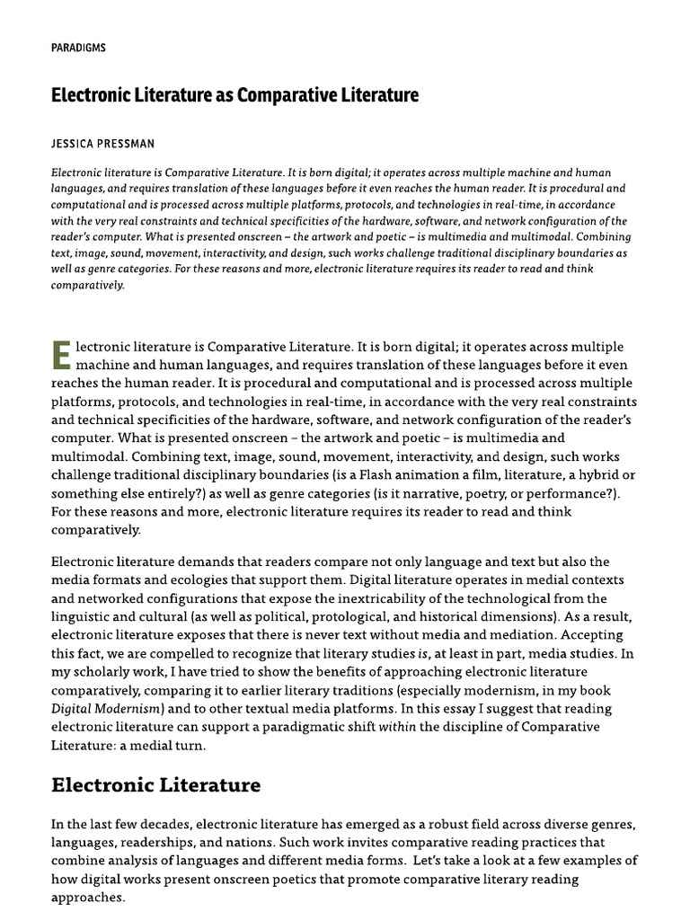 Electronic Literature As Comparative Literature (Jessica Pressman) | PDF