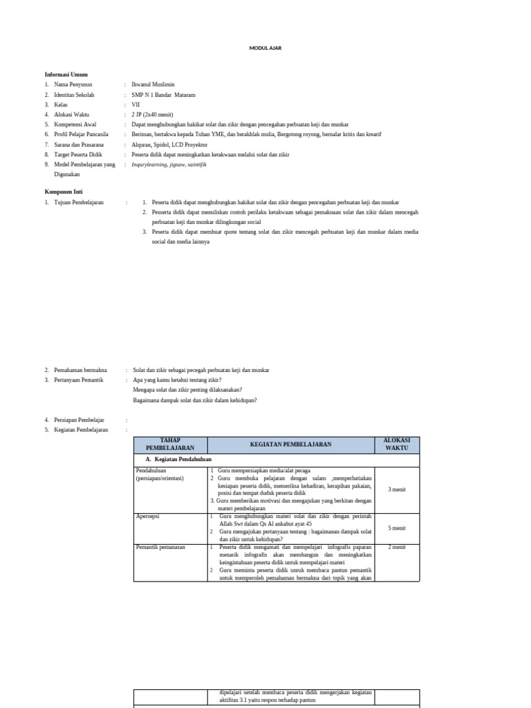MODUL AJAR Solat Dan Zikir Ihwan 073412 | PDF