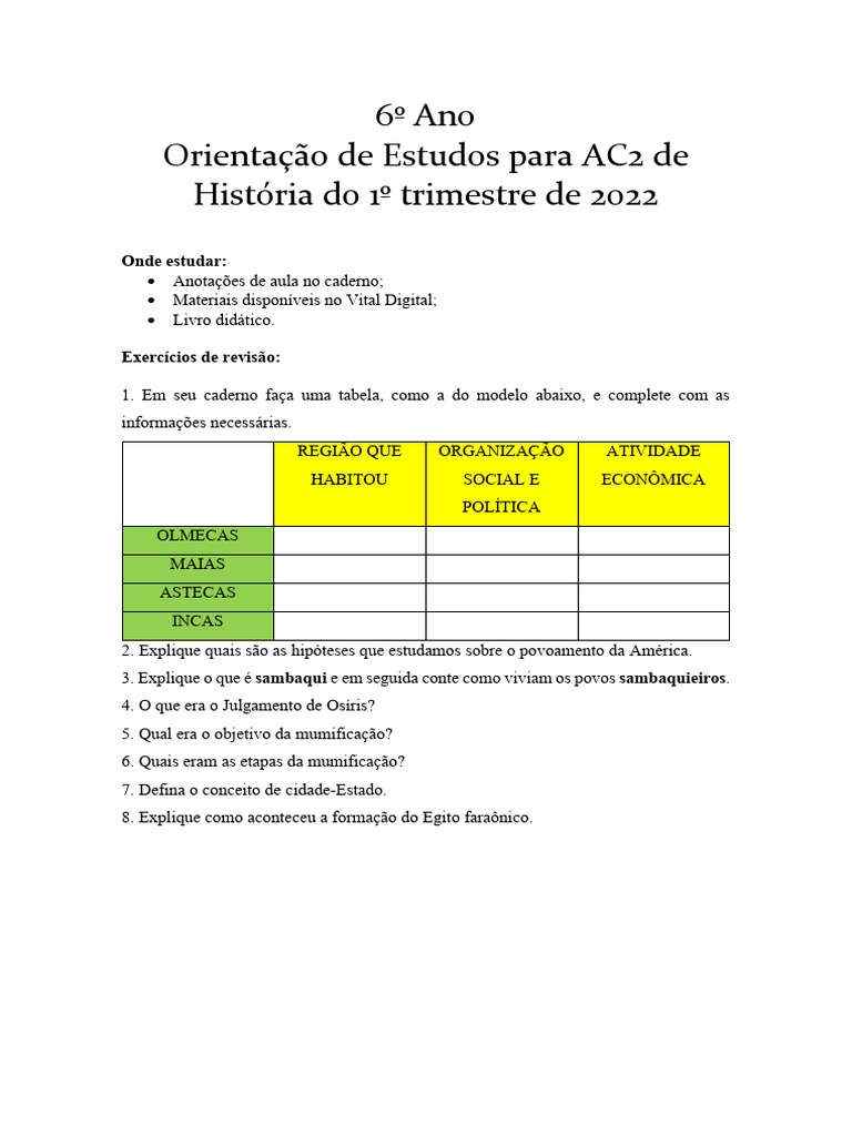 6º Ano-Orientação de Estudos AC2-1ºtrimestre-2022 | PDF | História