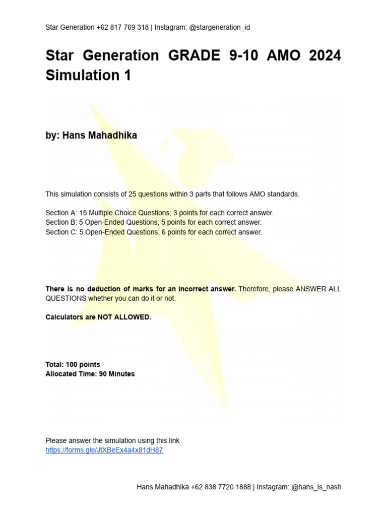 AMO 2024 Grade 9 Simulation Paper | PDF | Area | Multiple Choice