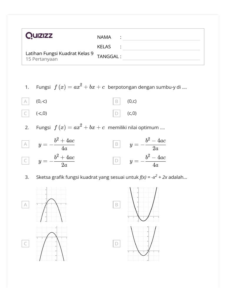 Latihan Fungsi Kuadrat Kelas 9 | PDF