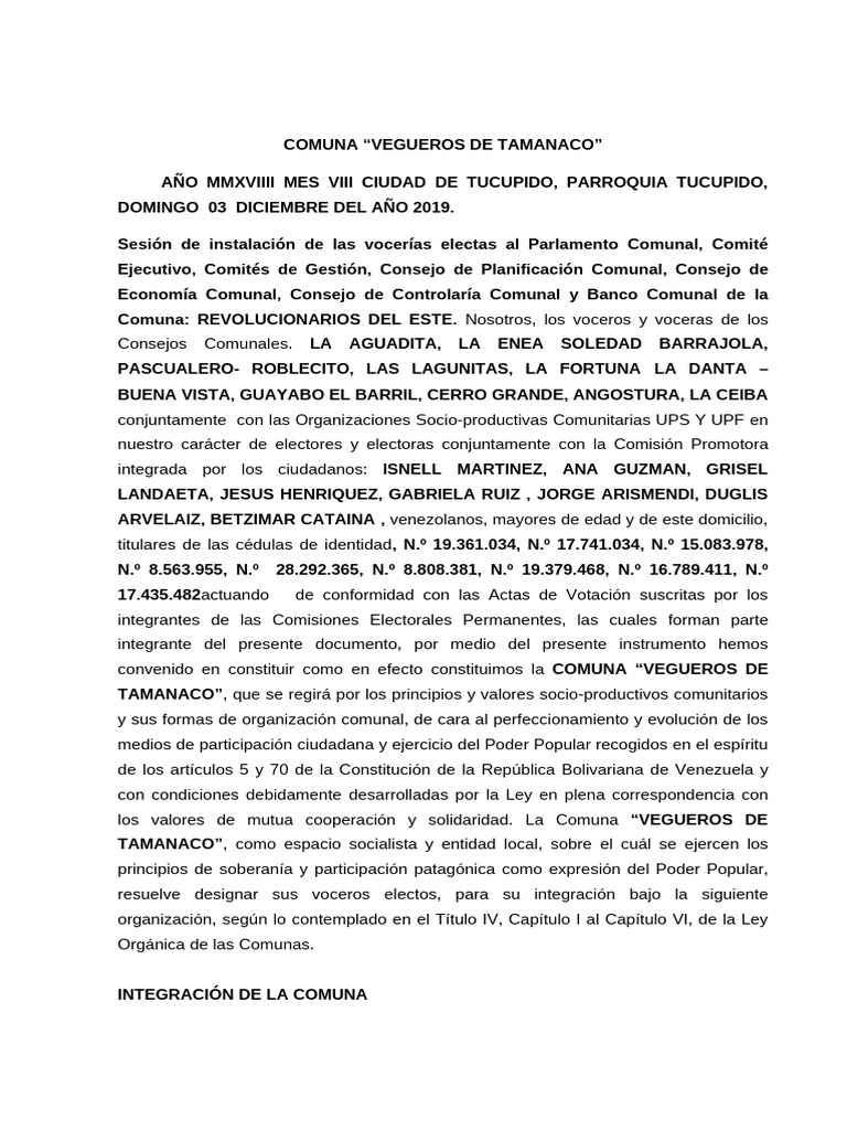 Acta de Instalacion de La Comuna Vegueros de Tamanaco Otro | PDF | Documento de identidad ...