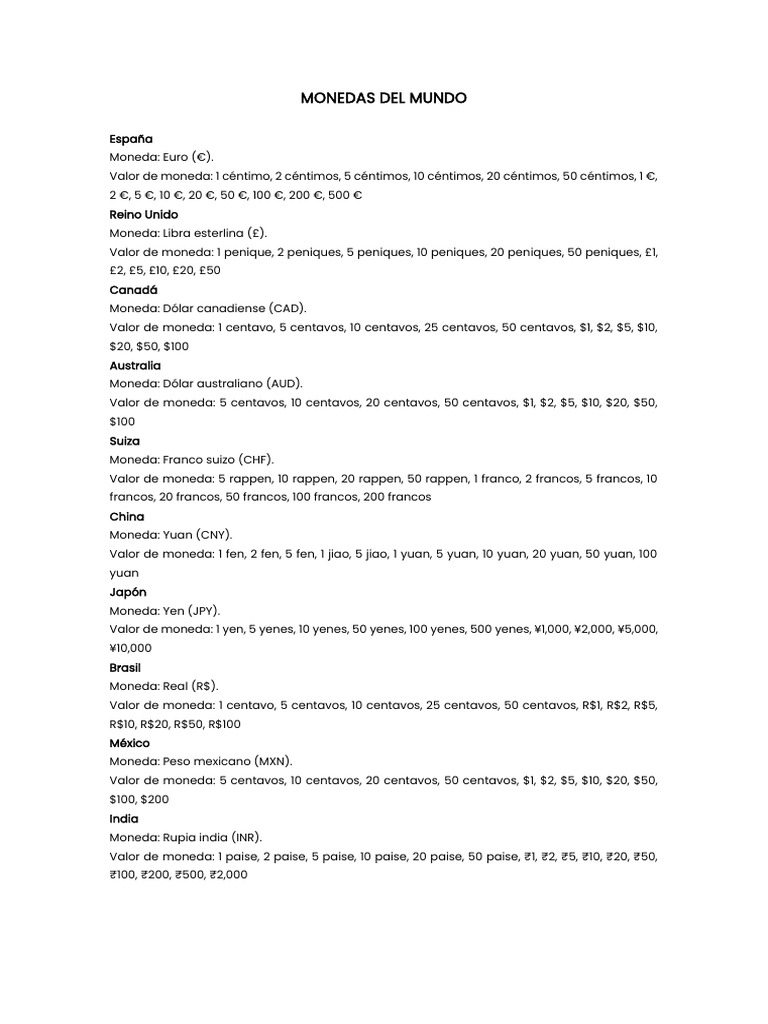 Monedas Del Mundo | PDF | Deportes y actividades al aire libre | Cocina ...