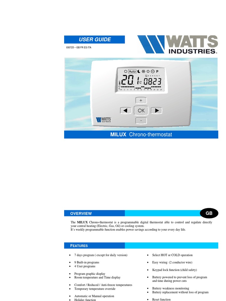 Milux Chrono-Thermostat User Guide | PDF | Temperature | Heat Transfer