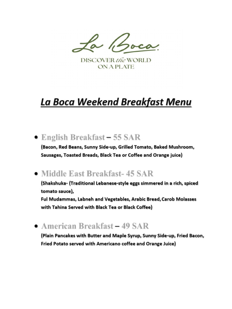 La Boca Weekend Breakfast Menu Options | PDF