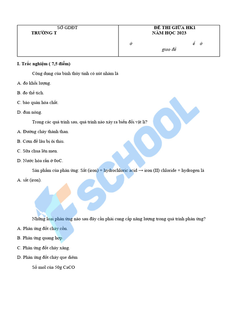 De Thi Giua Hoc Ky 1 Mon KHTN Lop 8 THCS Phan Huy Ich f0d950d735 | PDF