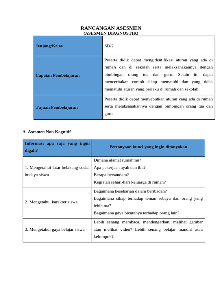 Rancangan Asesmen Diagnostik SD/2 | PDF