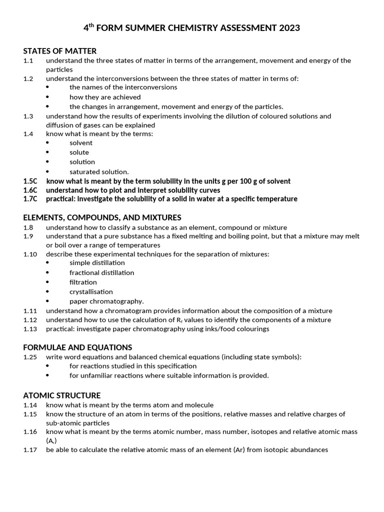 Summer Chemistry Assessment 2023 - Spec Points | PDF | Chemical Bond | Ion