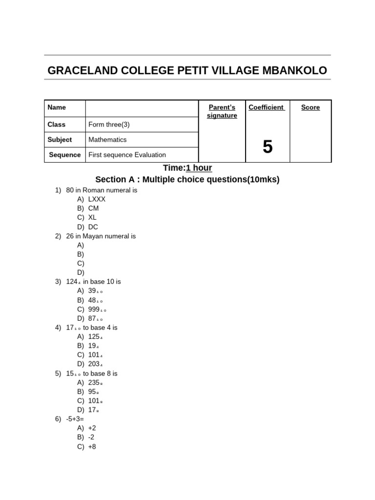 Form Three First Sequence Math Evaluation - 1 | PDF