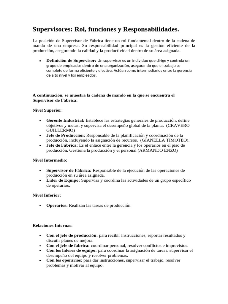 Supervisor de Fábrica: Funciones Clave | PDF | Planificación | Liderazgo