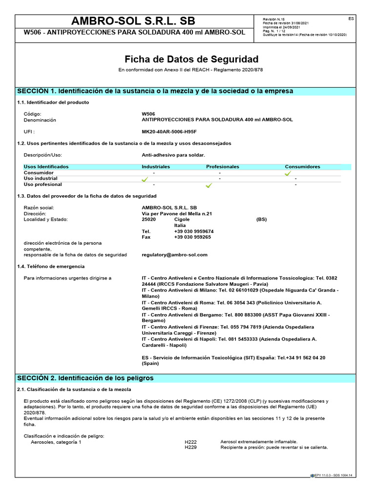 MSDS Antiproyecciones Soldadura Ambro-Sol | PDF | Residuos | Gestión de residuos