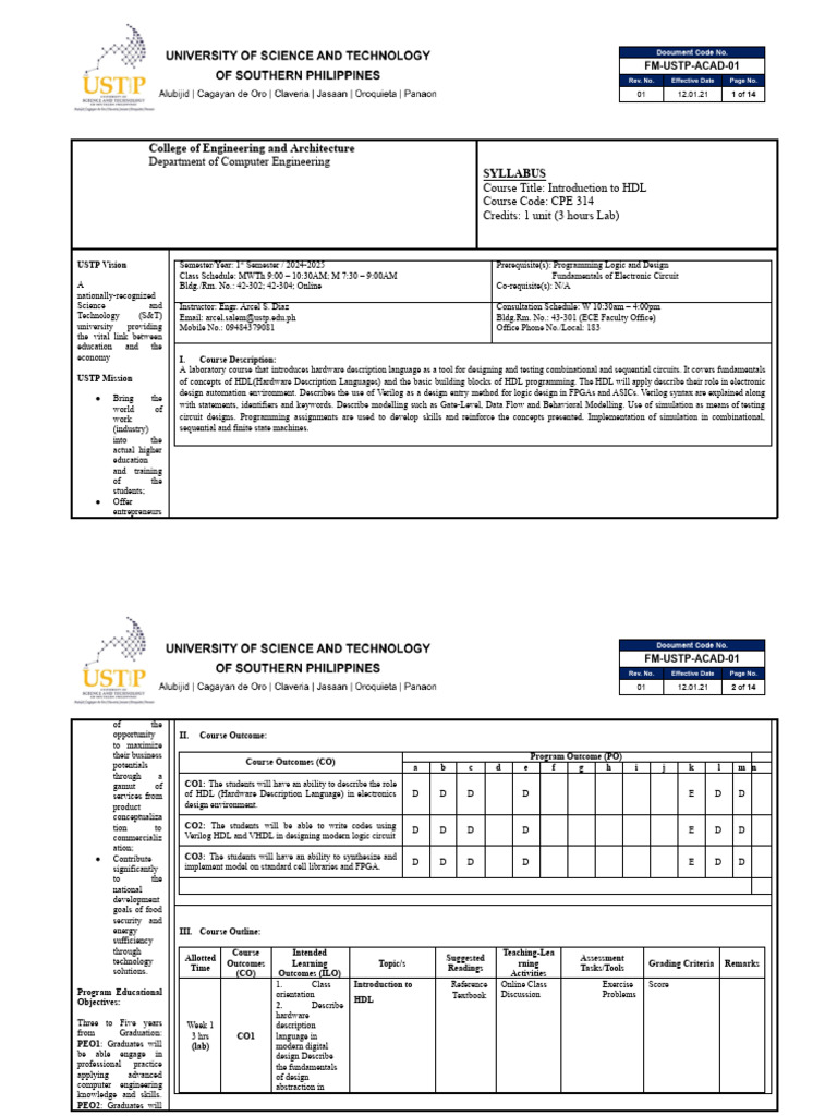 CPE314 Syllabus | PDF | Hardware Description Language | Computer Science