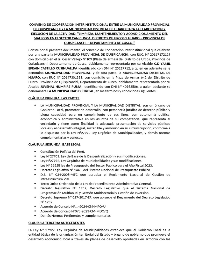 Convenio de Cooperacion Interinstitucional Huaro - Urcos | PDF | Gobierno local | Tratado