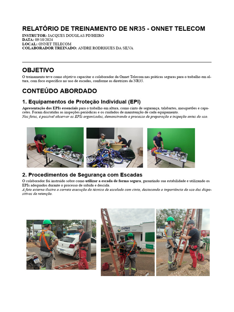 Relatório de Treinamento de NR35 Onnet | PDF | Tecnologia e Engenharia